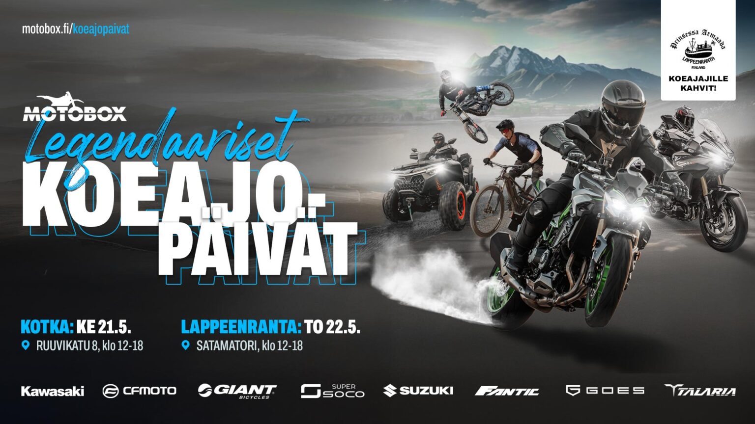 Legendaariset Motoboxin koeajopäivät 21.-22.5. Kotkassa ja Lappeenrannassa - Motobox